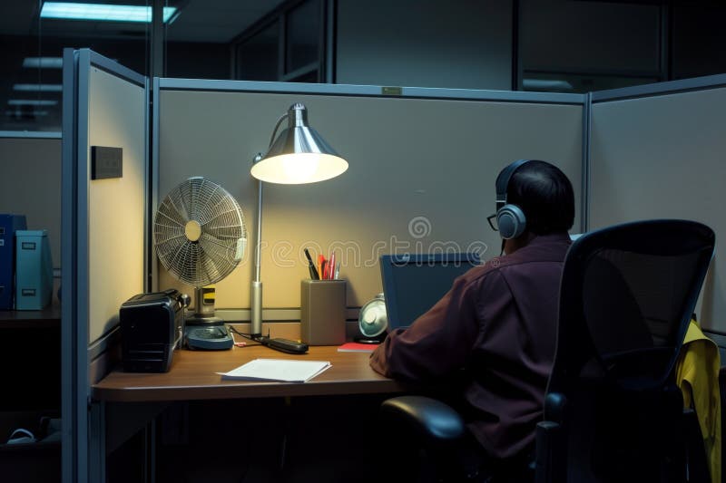 Lone Worker in a Cubicle with a Small Desk Fan and Lamp on Stock Photo ...