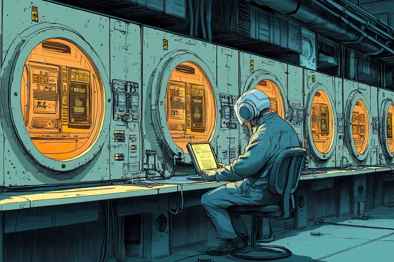 A Lone Worker Monitors Futuristic Computer Systems Stock Image - Image ...