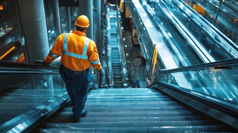 Lone Worker Ascending Escalator in Modern Building Stock Illustration ...