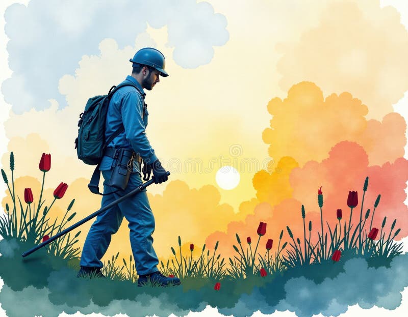 Lone Worker Walking at Sunset with Backpack and Tool Stock Illustration ...