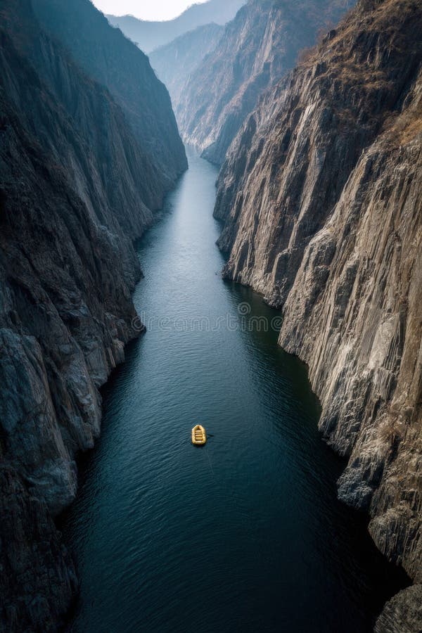 Lone Yellow Raft Floats through Dramatic Canyon with Towering Cliffs ...
