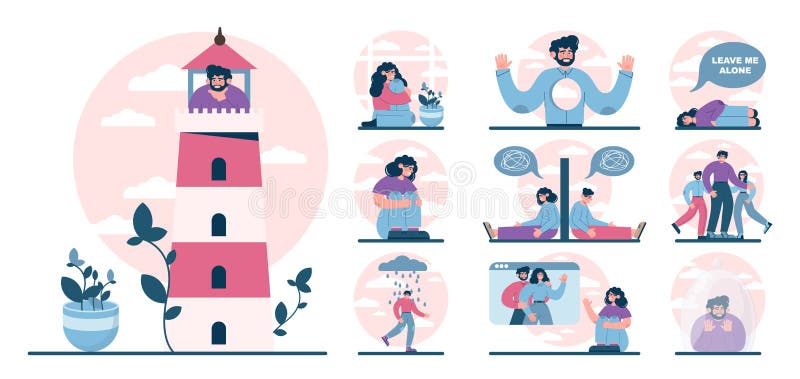 Loneliness Concept Set. Unhappy Person Left Alone Stock Vector ...