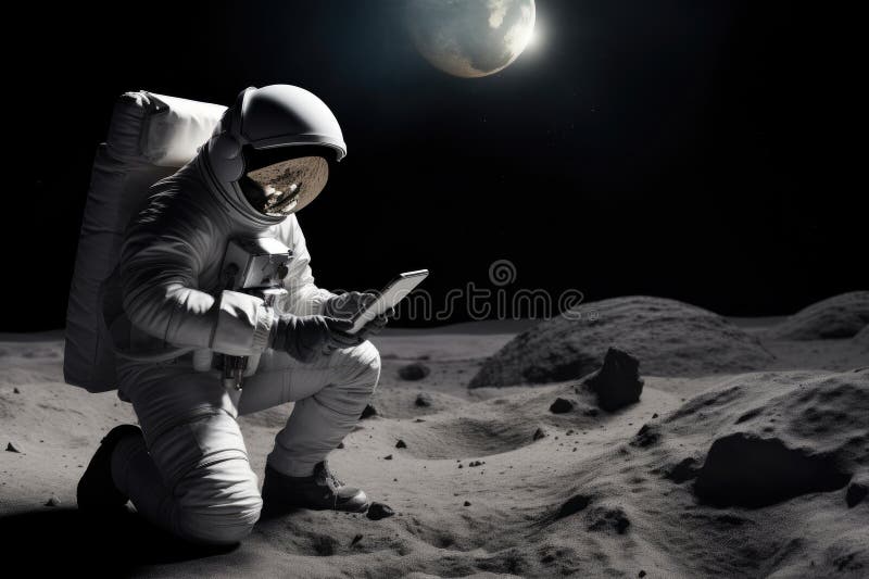 Astronaut Using Laptop on Moon Stock Photo - Image of galactic ...