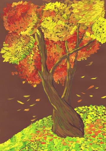 Lonely Autumn Tree Using Pointillism Technique. Child`s Drawing Stock ...