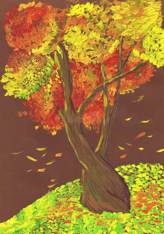 Lonely Autumn Tree Using Pointillism Technique. Child`s Drawing Stock ...