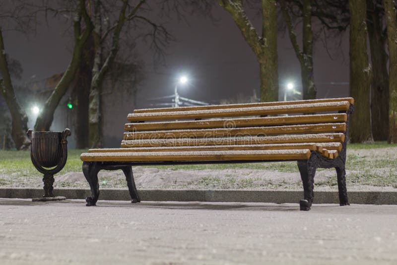 Lonely Bench Covered with Snow at Night Stock Image - Image of lantern ...