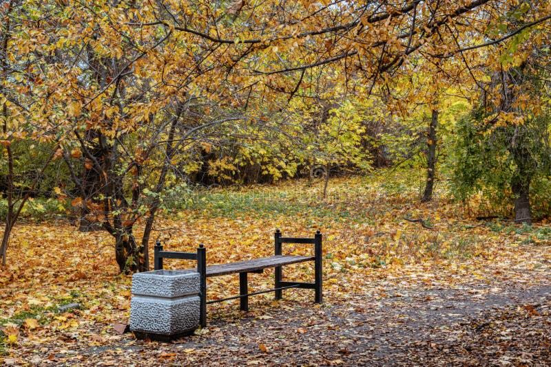 A Lonely Bench in the Far Corner of the Autumn Park Stock Photo - Image ...