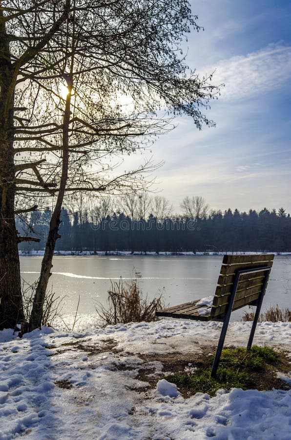 Bench at frozen lake stock image. Image of season, tree - 30070975