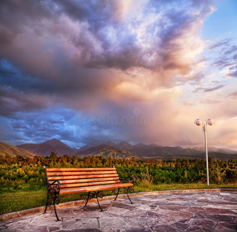 Lonely Bench with Beautiful Mountain Scenery Stock Image - Image of ...