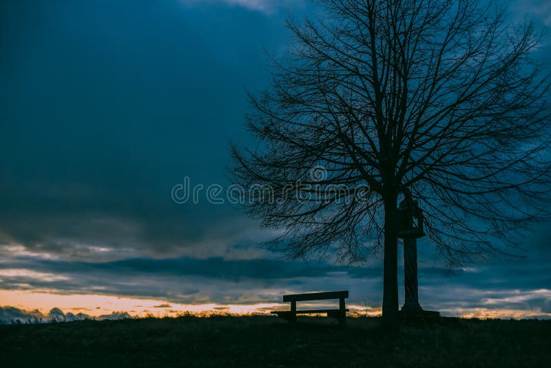 Lonely Bench in Silhouette. Empty Bench at Sunset Stock Image - Image ...