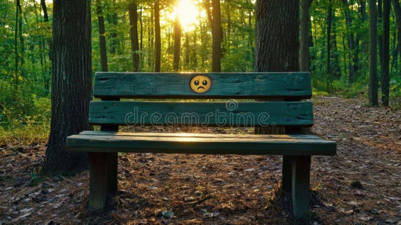 A Lonely Bench Sits Silently in Woods with an Unhappy Feeling Symbol ...