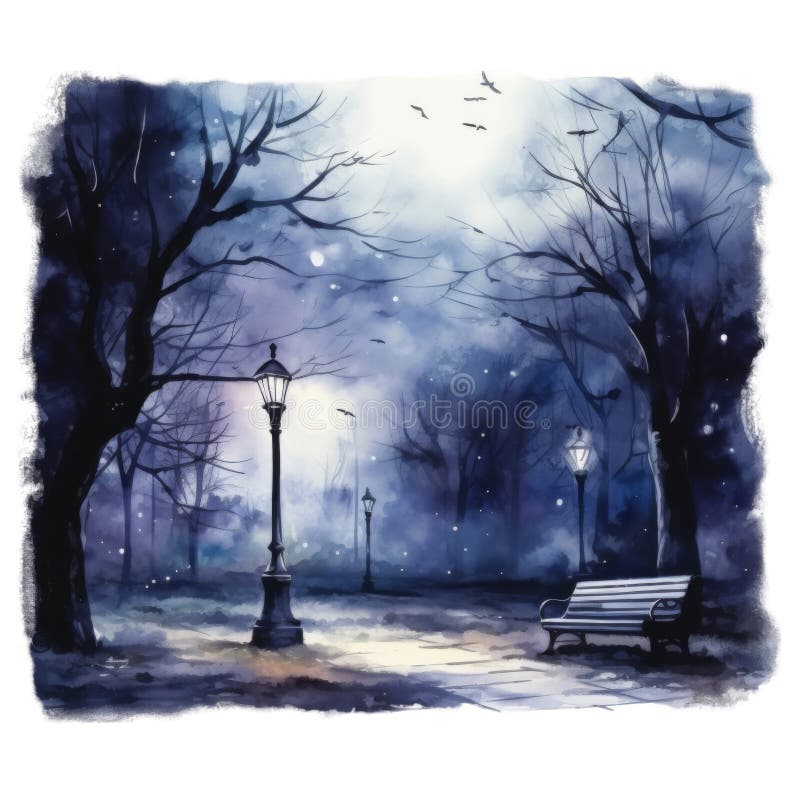 A Lonely Bench Under a Night Sky with Bare Trees and Streetlights Stock ...