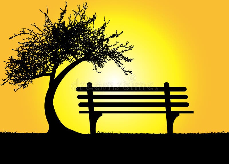 Lonely Bench Under a Tree on a Mountain at Sunset Stock Vector ...