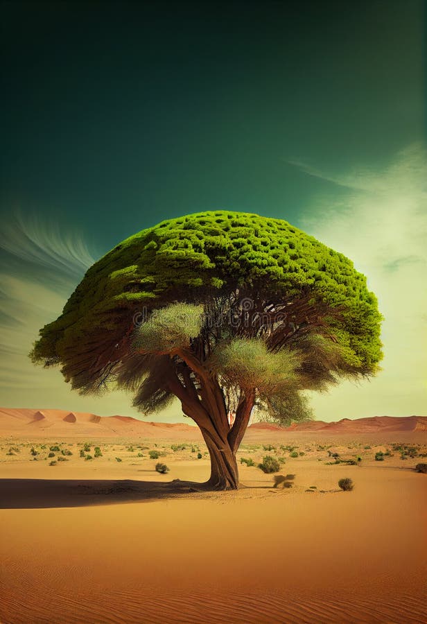 A Lonely Big Green Tree Grows in the Middle of the Desert. AI Generated ...