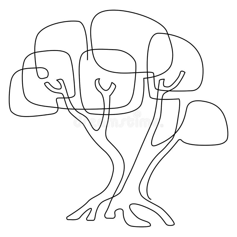 Lonely Big Tree. Tropical or Savanna Landscape. Continuous Line Drawing ...