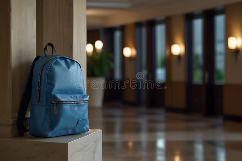 Lonely Blue Backpack with the Background of Hotel Lobby Room Stock ...