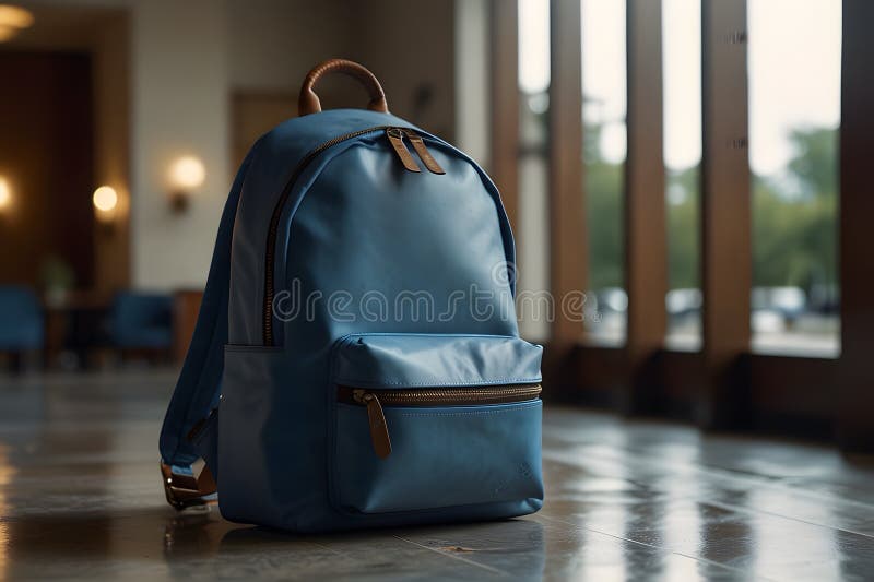 Lonely Blue Backpack with the Background of Hotel Lobby Room Stock ...