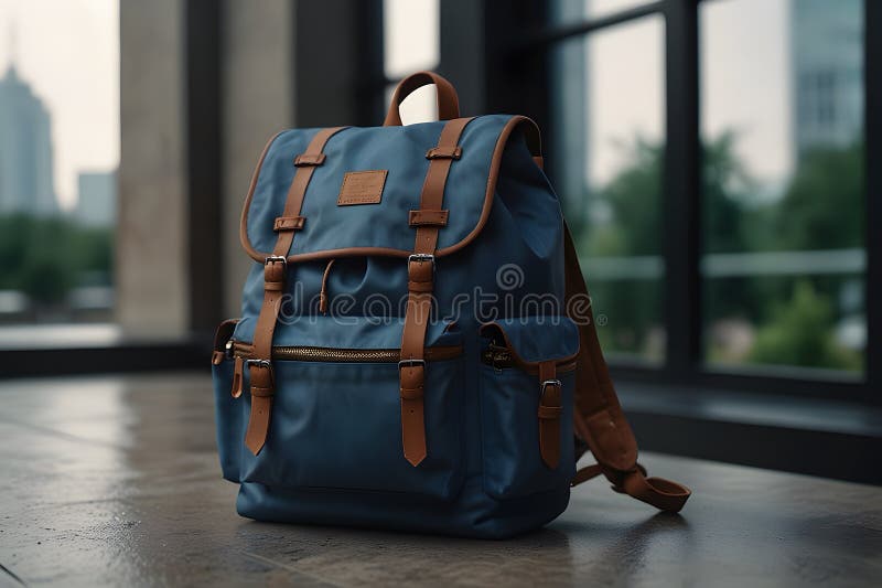 Lonely Blue Backpack with the Background of Hotel Lobby Room Stock ...