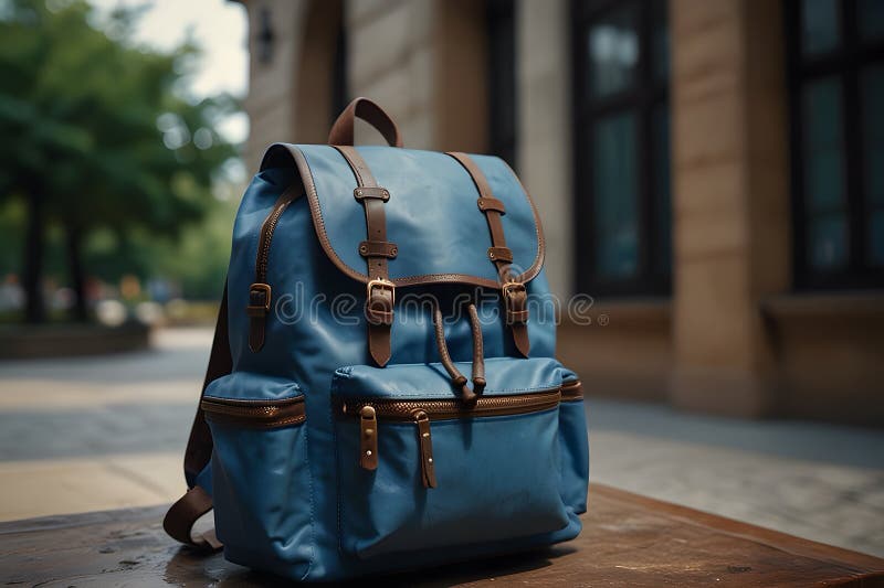Lonely Blue Backpack with the Background of Hotel Lobby Room Stock ...