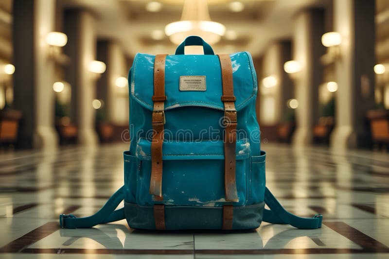 Lonely Blue Backpack with the Background of Hotel Lobby Room Stock ...