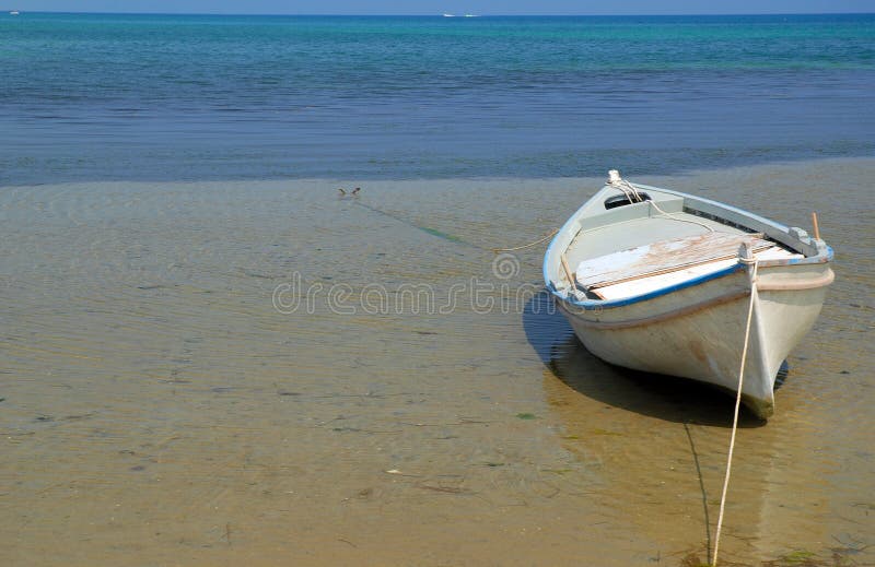 Lonely Boat at Aegean Sea Coast Stock Photo - Image of relaxation ...