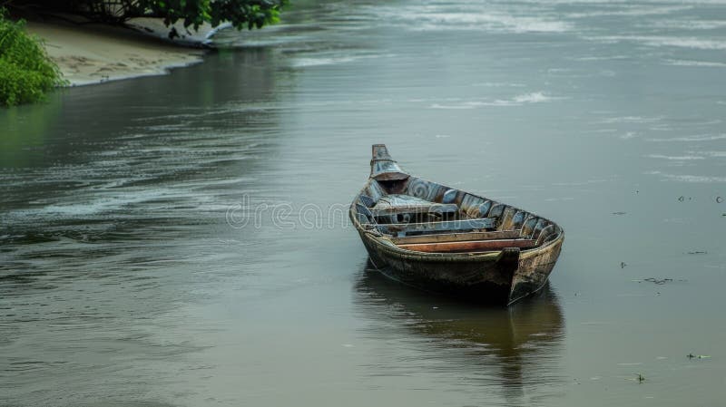 A Lonely Boat Drifting Down a River Caught in the Current of the ...