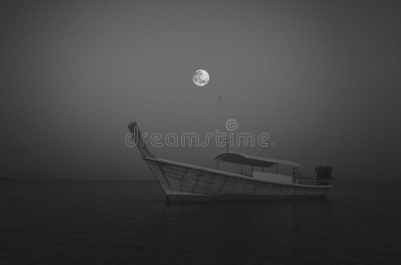 Lonely Boat in the Sea Under Full Moon Evening Stock Photo - Image of ...
