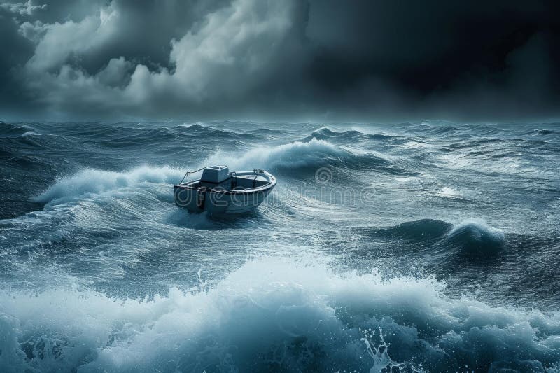 Lonely boat in stormy sea stock photo. Image of seascape - 319313848