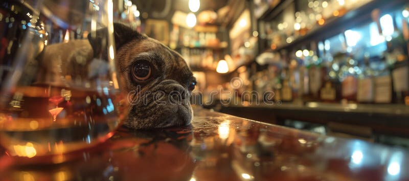 Lonely Bored Dog in Rustic Bar, Drunk, Looking at a Whisky Glass Stock ...