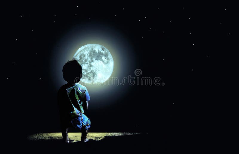 Lonely Boy Looking at the Moon at Night Stock Illustration ...
