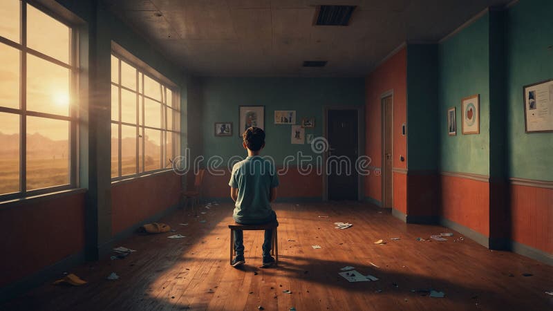 Lonely Boy Sitting in Empty Room with Sunlight Streaming through Large ...