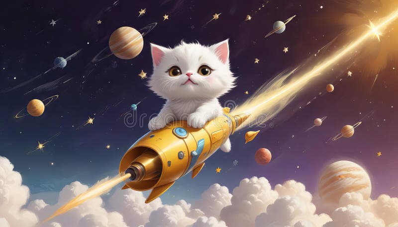 Lonely Brave Cat Flies on a Rocket into Space, Space Cat Stock Image ...