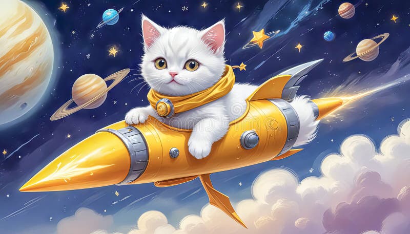 Lonely Brave Cat Flies on a Rocket into Space, Space Cat Stock Image - Image of charming, dream ...