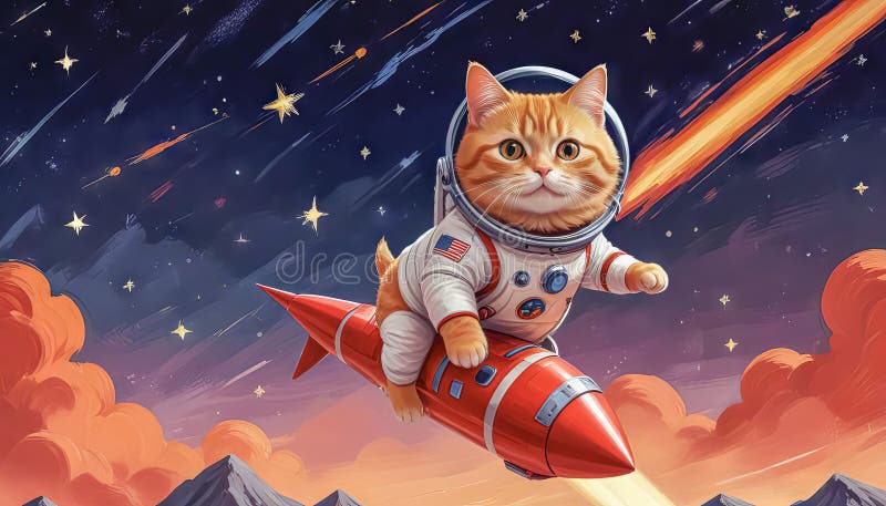 Lonely Brave Cat Flies on a Rocket into Space, Space Cat Stock Image ...