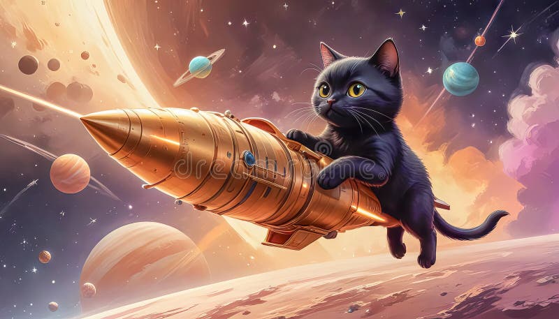 Lonely Brave Cat Flies on a Rocket into Space, Space Cat Stock Image ...