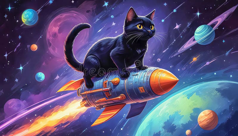 Lonely Brave Cat Flies on a Rocket into Space, Space Cat Stock Photo ...