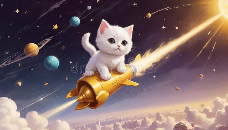 Lonely Brave Cat Flies on a Rocket into Space, Space Cat Stock Photo ...