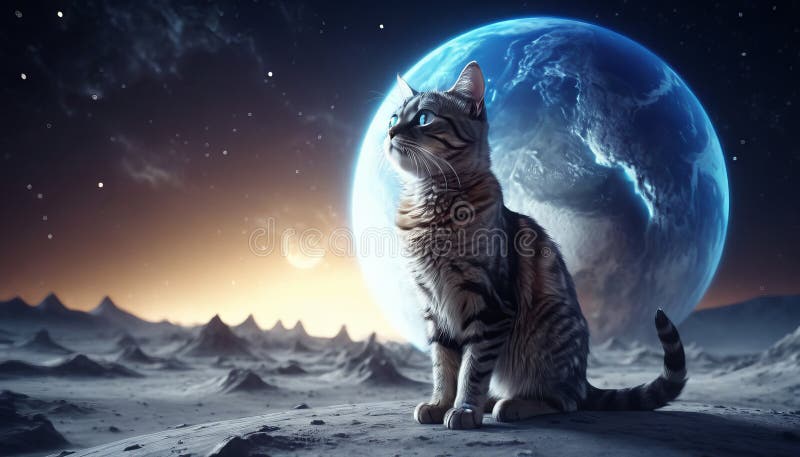 Lonely Brave Cat Walks on the Moon, Space Cat Stock Image - Image of ...