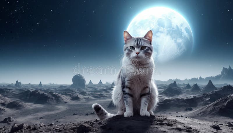 Lonely Brave Cat Walks on the Moon, Space Cat Stock Photo - Image of ...