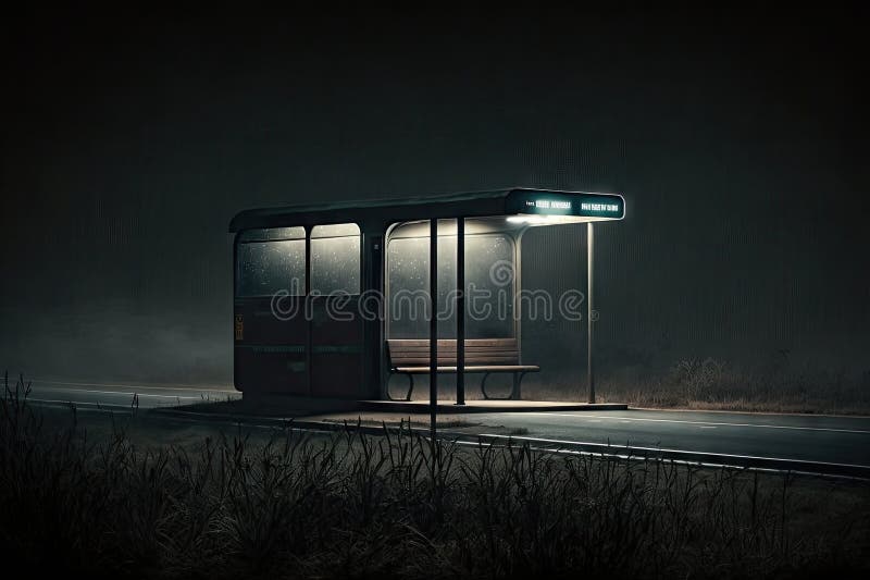 A Lonely Bus Stop with a Single Bench, Surrounded by Darkness and ...