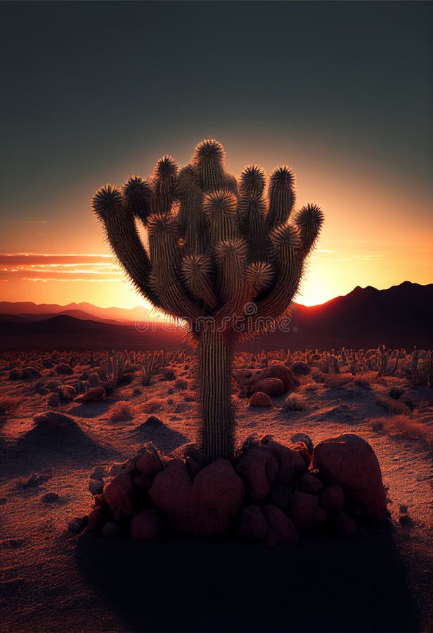 Lonely Cactus in the Desert at Sunset. AI Generated. Stock Image ...