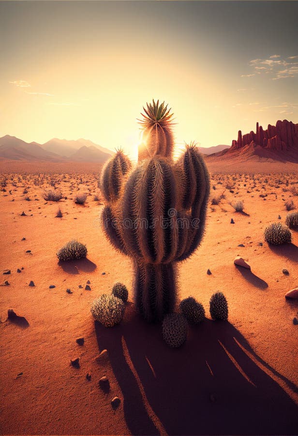 Lonely Cactus in the Desert at Sunset. AI Generated. Stock Illustration ...