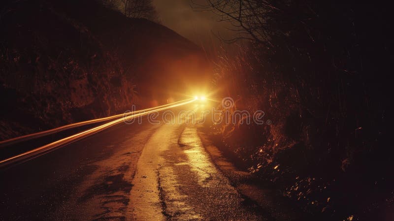 A Lonely Car Ascends a Hillside Road Its Headlights Casting a Long ...