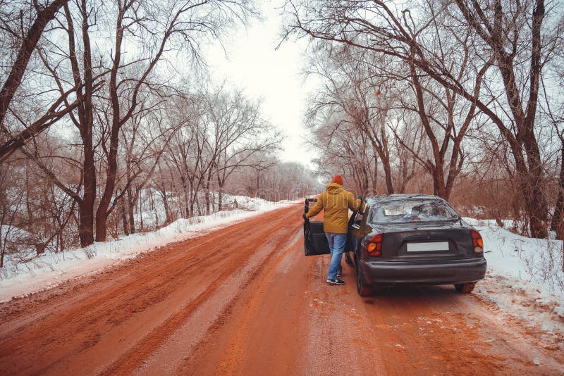 Lonely Car Road in Snow Red because of Ore Stock Image - Image of ...
