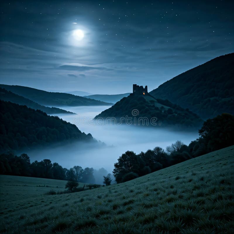 A Lonely Castle on a Misty Hill Stock Illustration - Illustration of ...