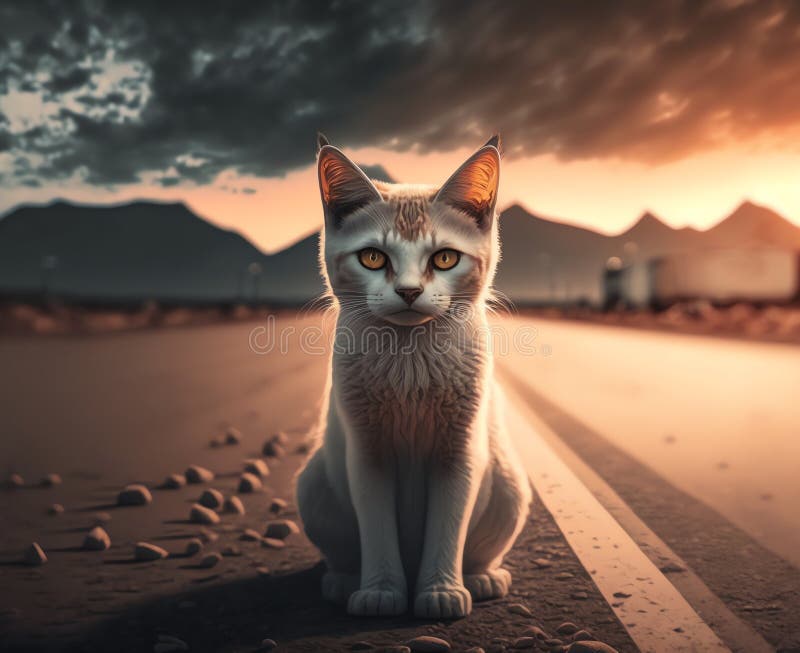 A Lonely Cat Sitting on an Empty Road and Looking into the Distance ...