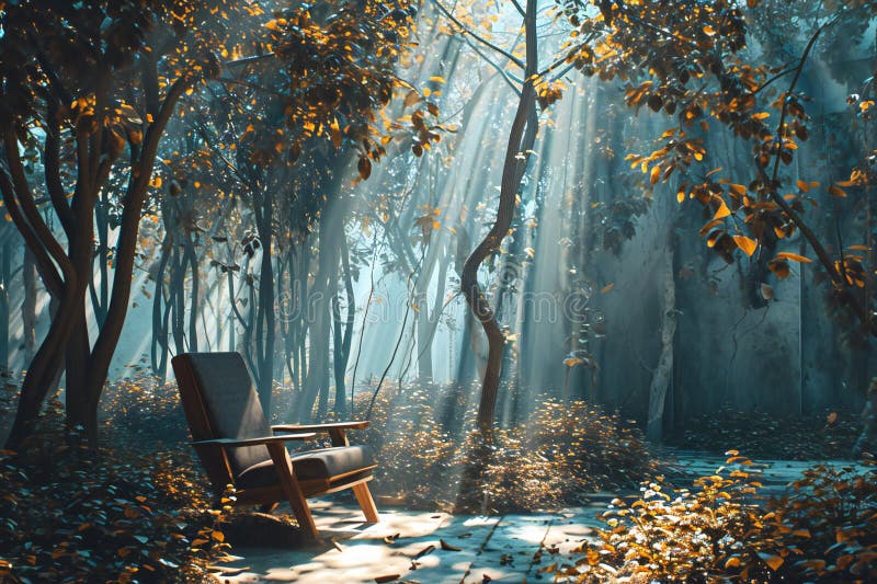 Lonely Chair in the Misty Forest Stock Illustration - Illustration of ...