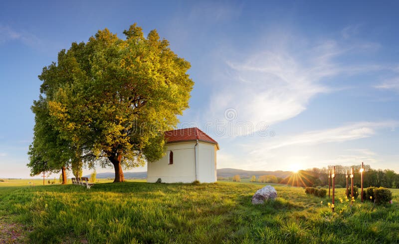 Lonely Chapel in Farm Fields in Spring Day Stock Image - Image of ...