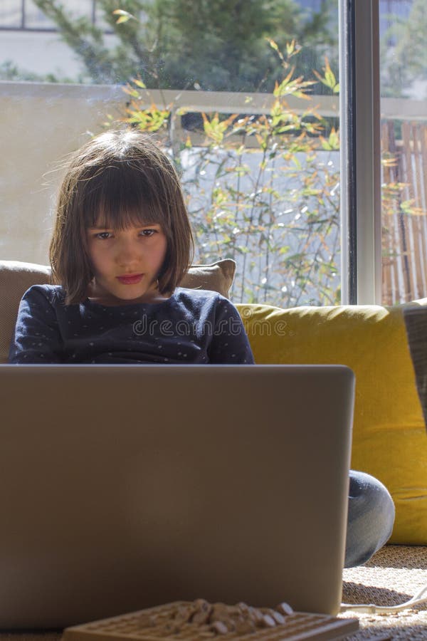 Lonely Child Hypnotized by Computer for Homeschool Learning, Screen ...