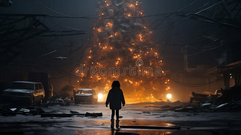 A Lonely Child Standing in Front of a Big Christmas Tree Which is ...